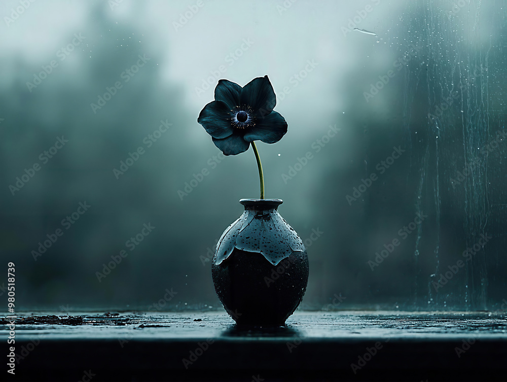 A wilted flower in a broken vase on a windowsill, fragility, symbol of ...