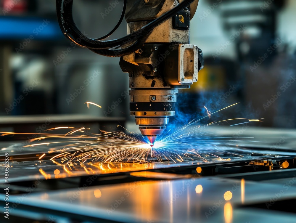 A robotic arm operates a plasma cutter, skillfully slicing through ...