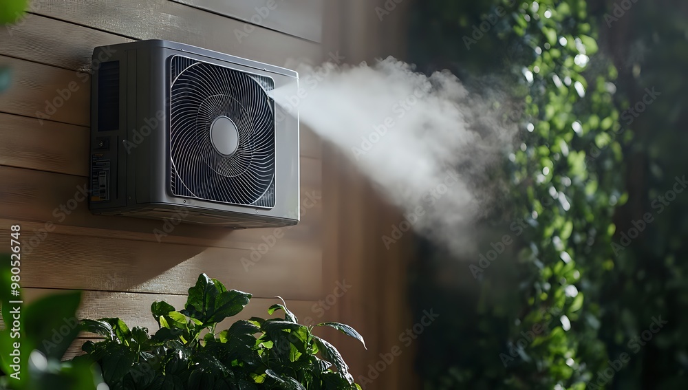 An outdoor air conditioner unit with a fan and vents, blowing cool air ...