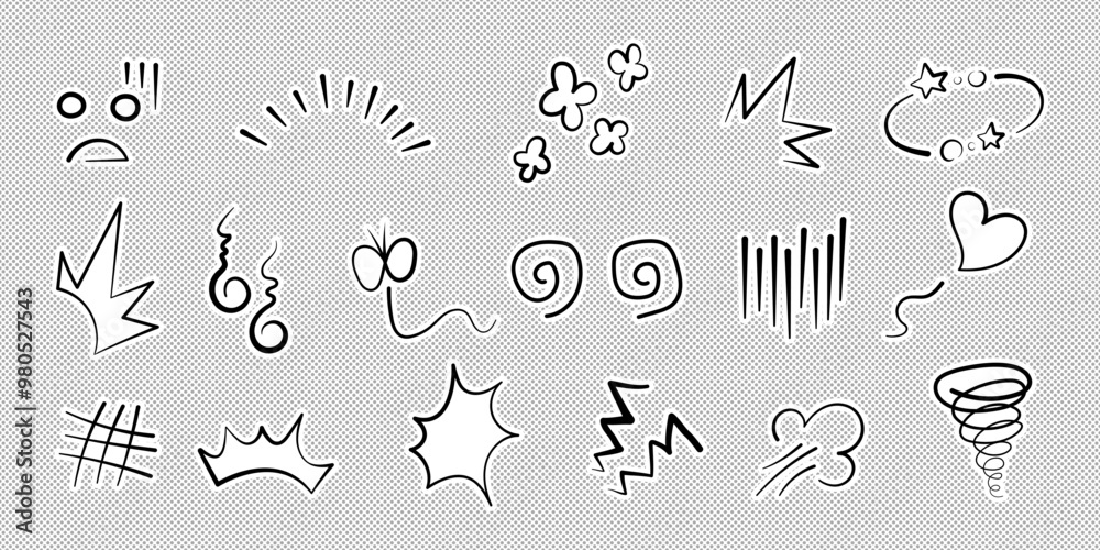 Manga or anime comic emoticon element graphic effects hand drawn doodle ...