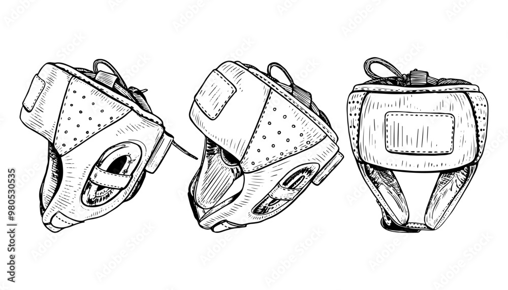 Set boxing helmets hand drawn sketch. Sports equipment. Head protection ...