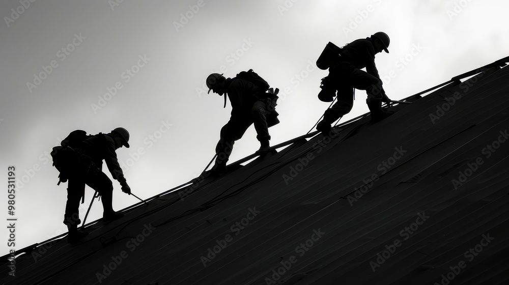 Silhouettes of workers climbing and working on a steep roof, showcasing ...