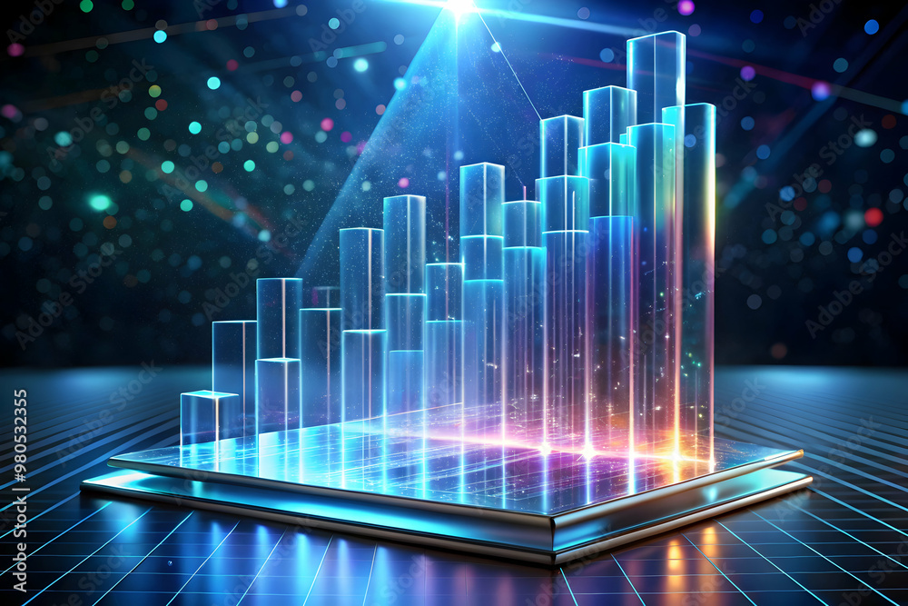 Ascending Growth: A futuristic, holographic bar graph ascends on a ...