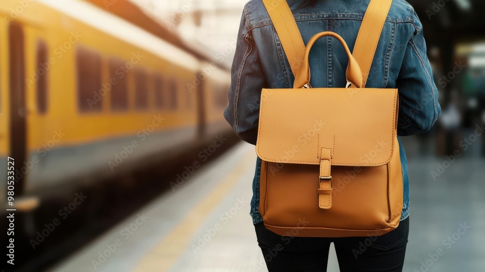 Stylish traveler with crossbody bag boarding a train for a weekend ...