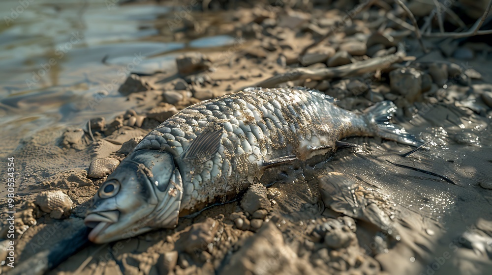 Close-up of the body and tail of a dead fish, a carp, lying on a dry ...