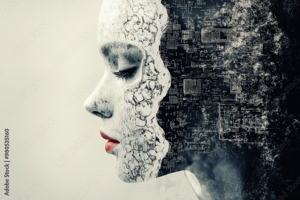Abstract side profile of woman’s face disintegrating into digital data ...