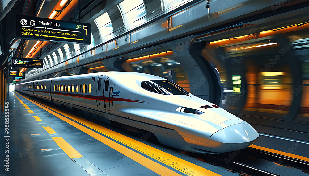 Future tech rail transit, maglev train swiftly travels, signboards ...