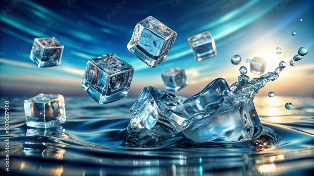 Sparkling ice cubes plummet into the calm surface of the crystal-clear ...