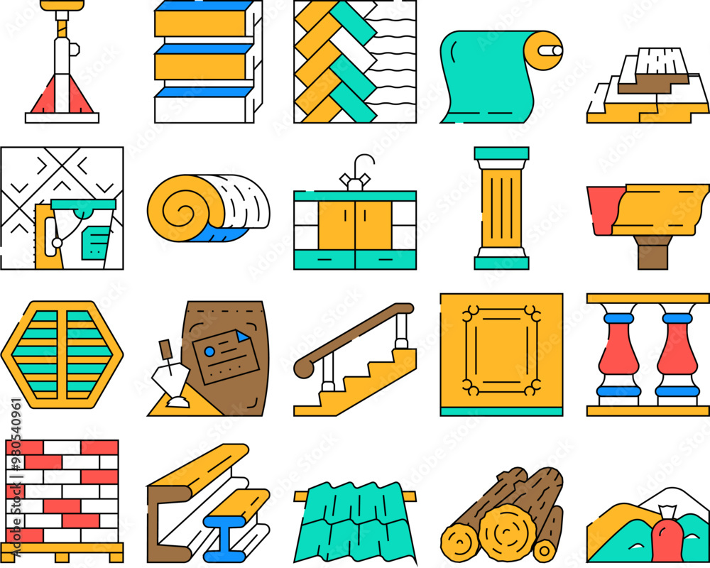 Building Materials And Supplies Icons Set Vector. Brick And Sand ...