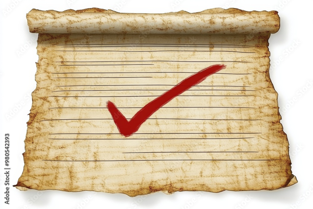 Red checkmark on an ancient parchment scroll symbolizing verification ...