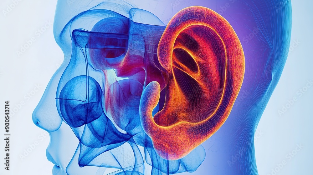 A detailed vector image of human ear anatomy, showcasing both the outer ...