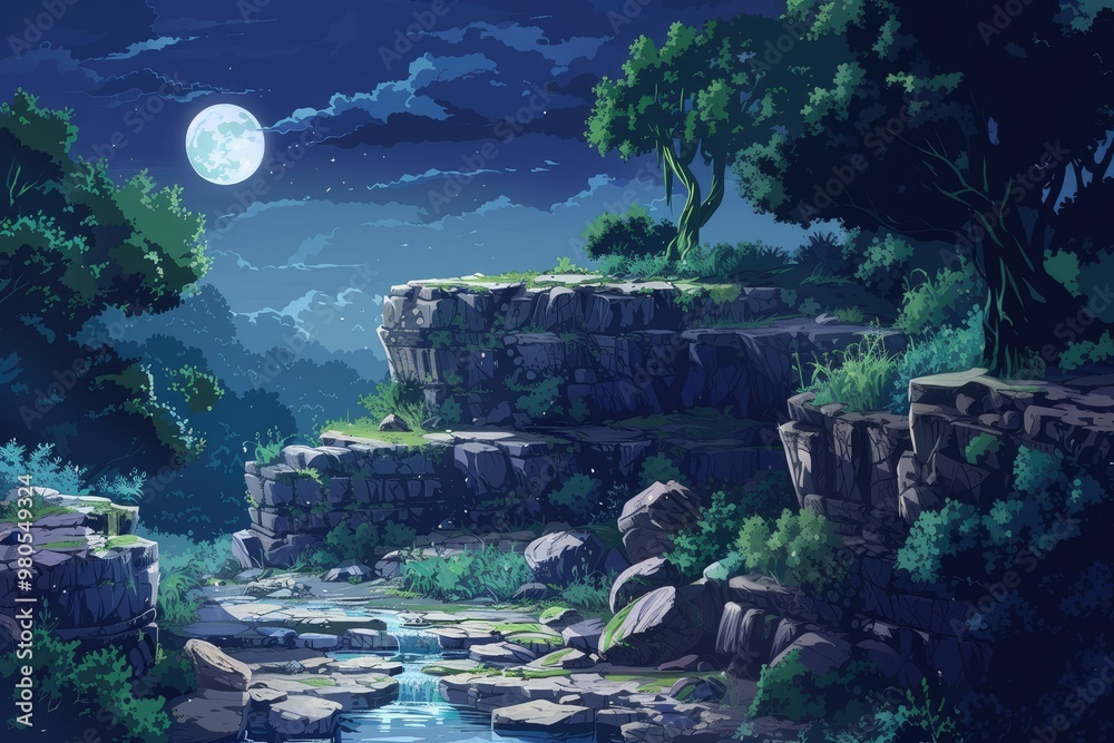 2d video game background with levels of their stones and river night ...