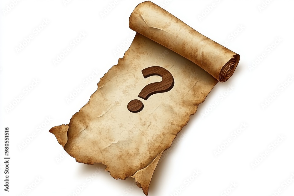 Rolled ancient parchment scroll with torn edges displaying a question ...