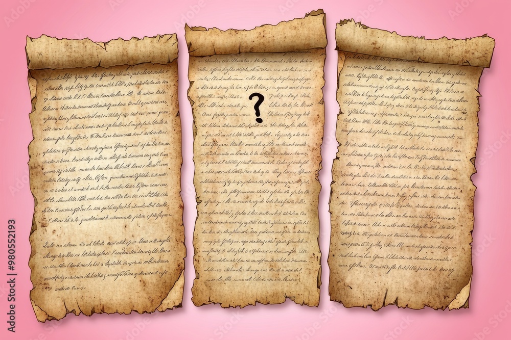 Three aged parchment scrolls laid side by side with a central question ...