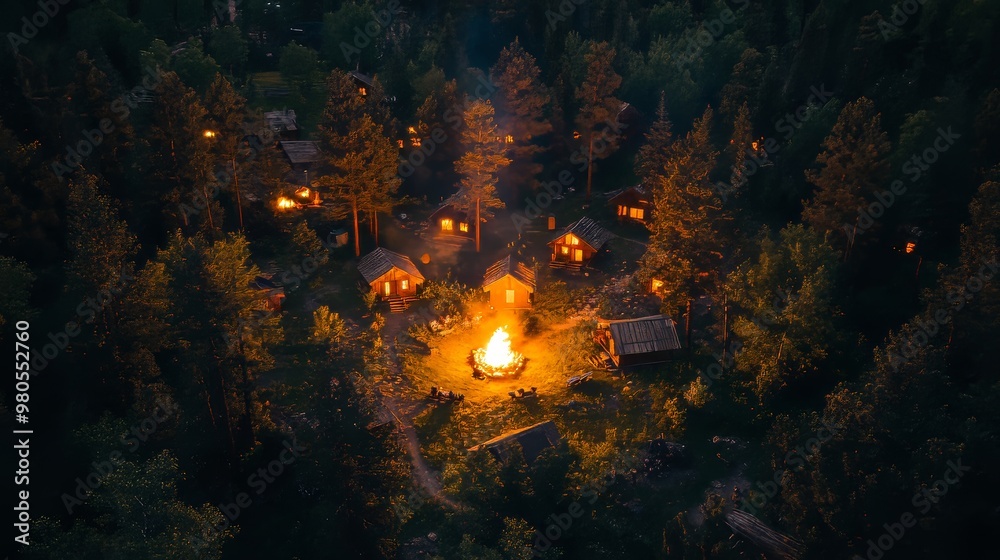 Aerial view of wooden cabins encircling a blazing bonfire in a secluded ...