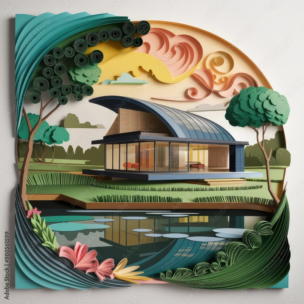 A vibrant 3D papercraft tree map, colorful paper rectangles of ...