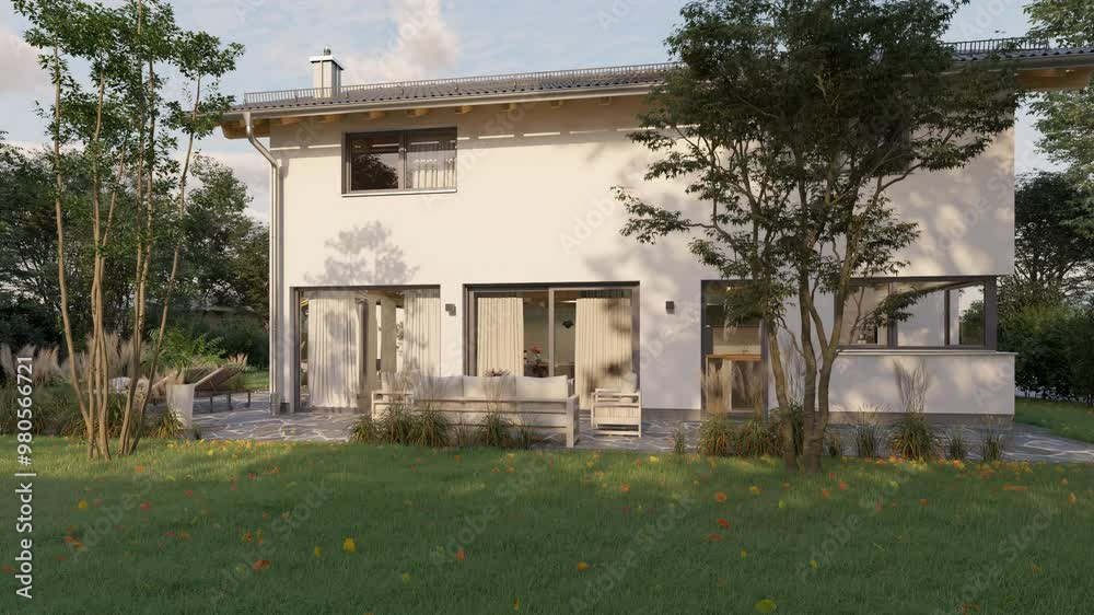 CGI camera move around a nice new build attached family house with ...