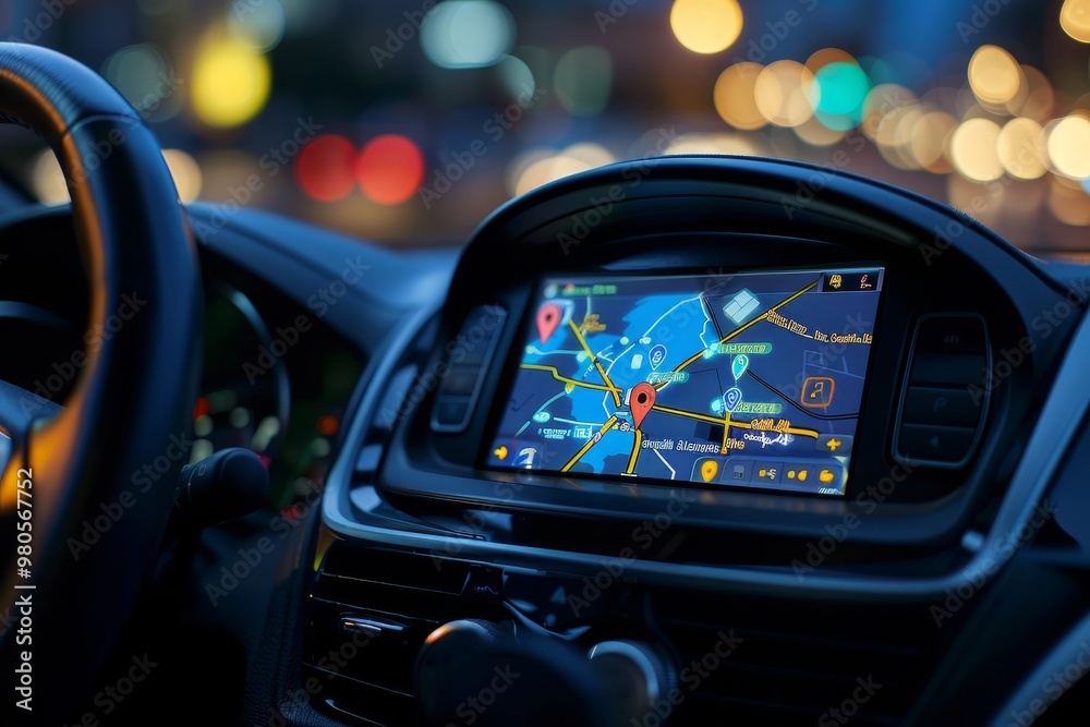 A futuristic car dashboard displaying a GPS navigation map ...
