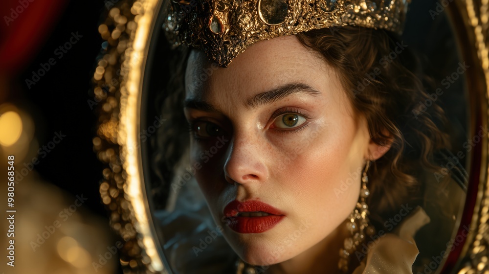 Enigmatic evil queen in fantasy mirror reflection for fairytale art and ...