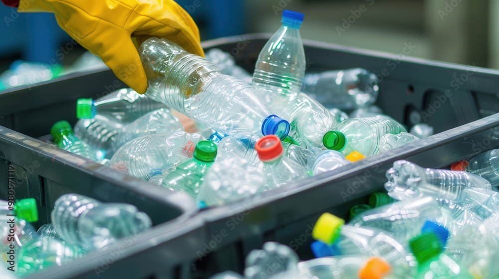 Recycling Efforts at a Waste Management Facility, close-up view of ...