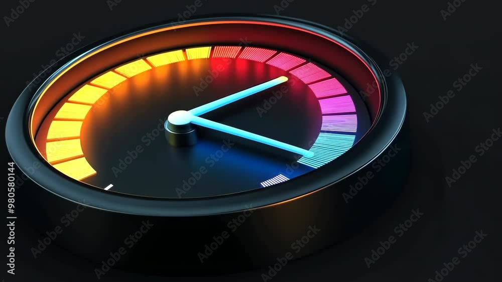 A colorful clock with a green and red face and a black background. The ...