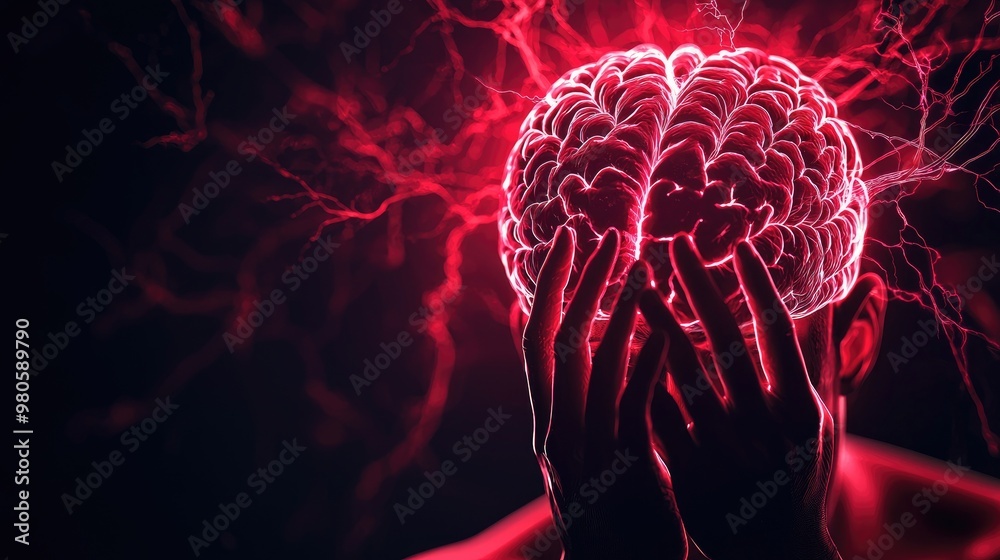 A striking visualization of a brain enveloped in vivid energy ...