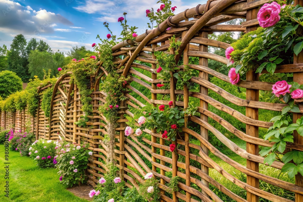 Woven wooden trellis fence with curls and twists, supporting fragrant ...
