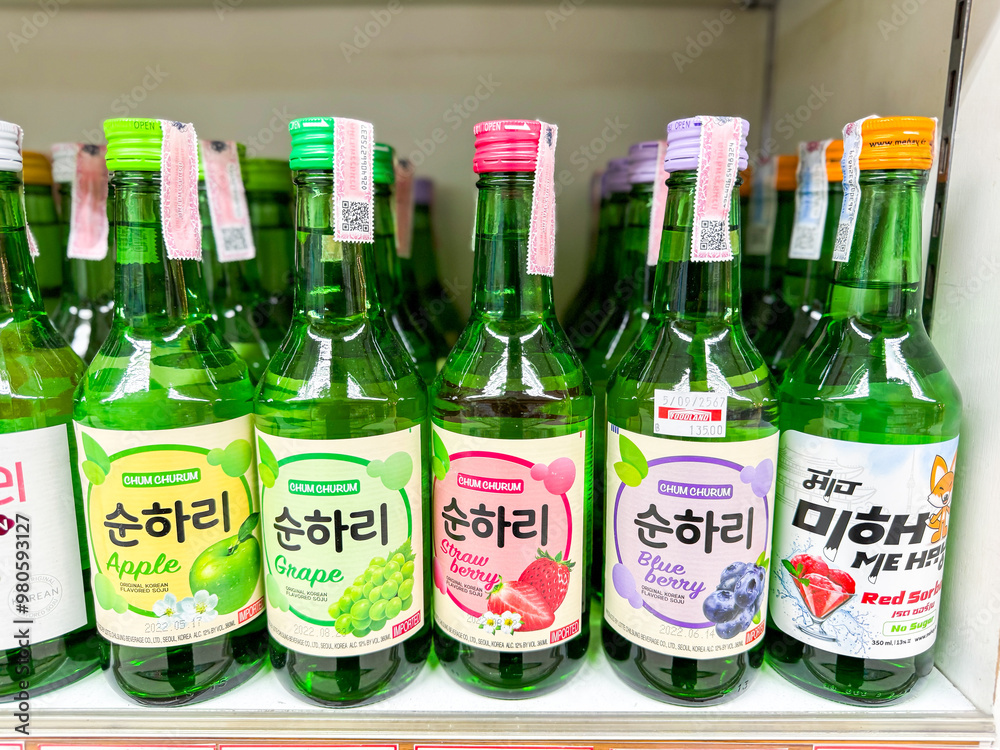 Bangkok Thailand - 18 Sep 2024: Many brands of Soju on shelves for sale ...