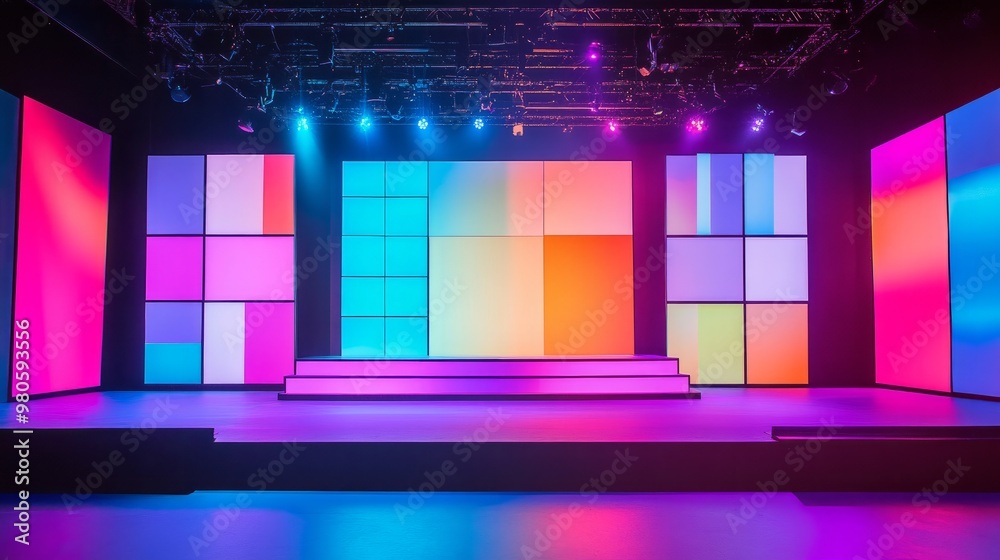 Bright, modern stage setup with vivid color transitions and gradients ...