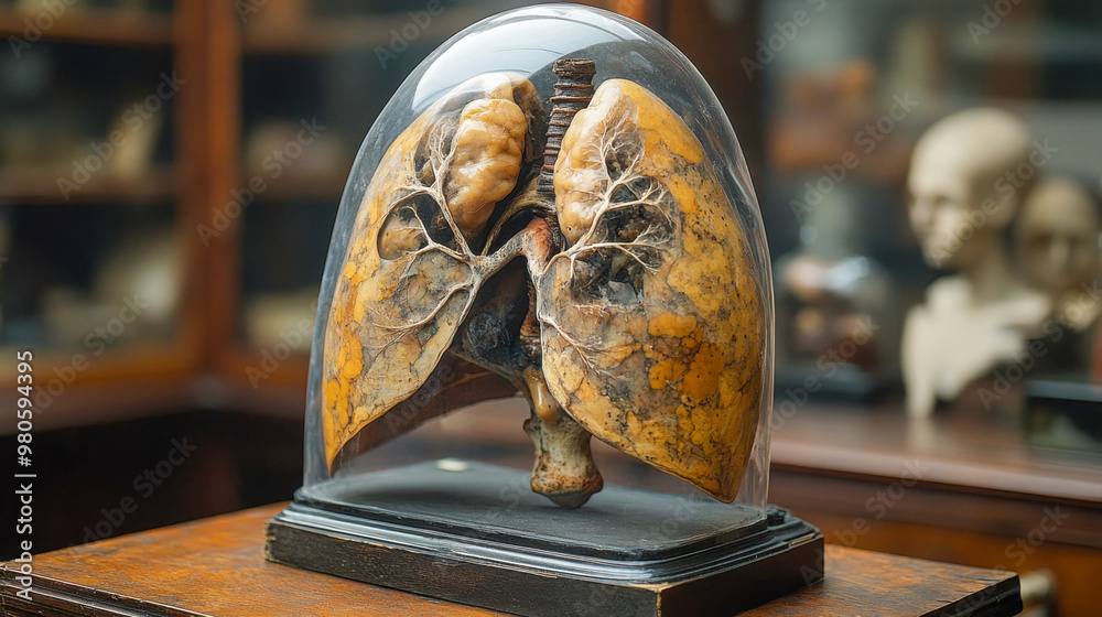 Preserved human lungs with trachea and bronchi on display in a medical ...