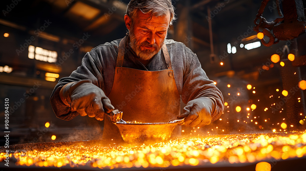 “Blacksmith Pouring Molten Metal into Bell Mold” Stock Photo | Adobe Stock