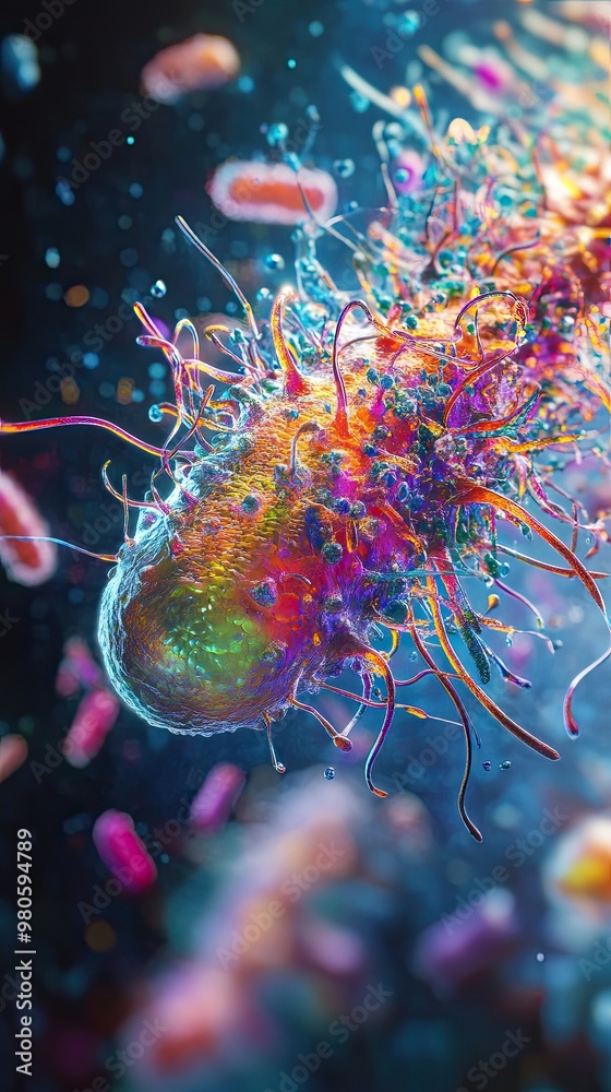Vibrant illustration of a bacterial cell with unique flagella and cell ...