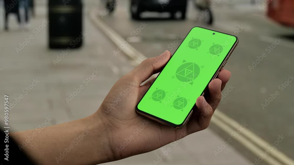 Asian young male using smartphone with a blank green screen. Maps ...