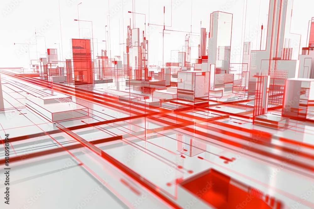 Abstract visualization of a futuristic city layout with red digital ...