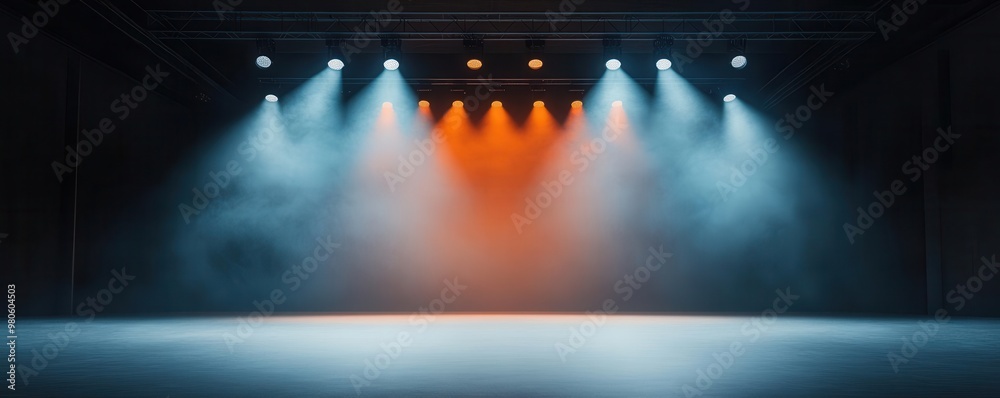 Professional stage lighting rig with LED spotlights, vibrant color hues ...