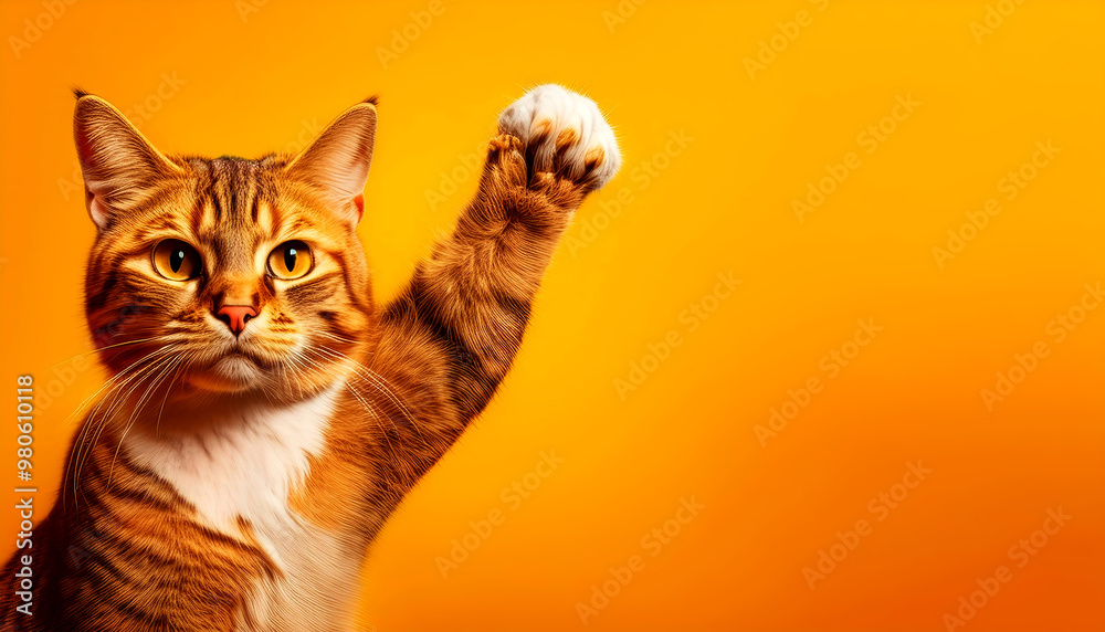 Close-up of a beautiful cat with a determined look with its paw raised ...
