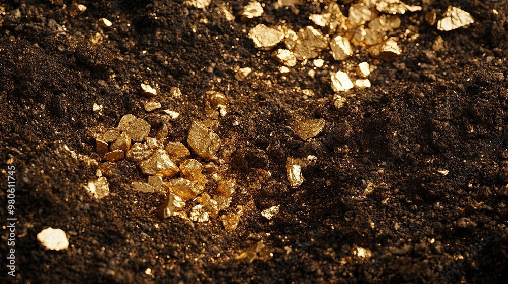 Gold nuggets of various sizes and qualities scattered on rich soil ...