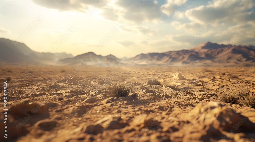 Desert environment, desert mountains in the distance, scattered rocks ...