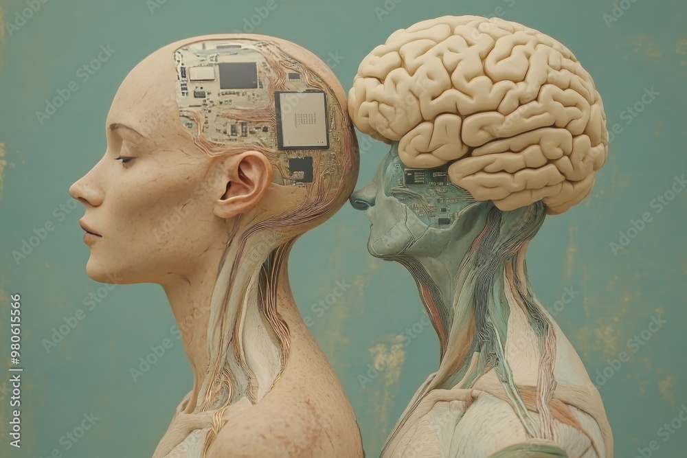 Side profile of two humanoid robots with exposed neural circuits ...