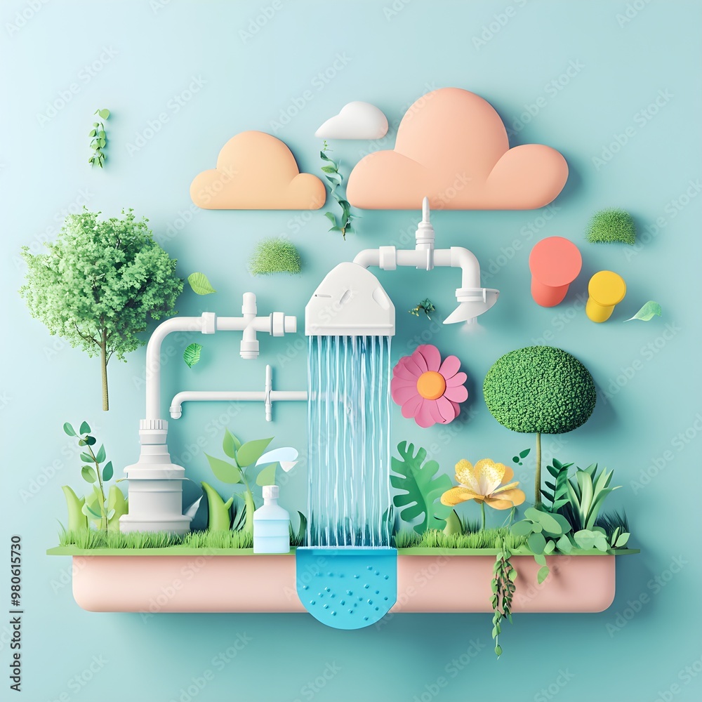 Water conservation techniques, flat design, front view, environmental ...