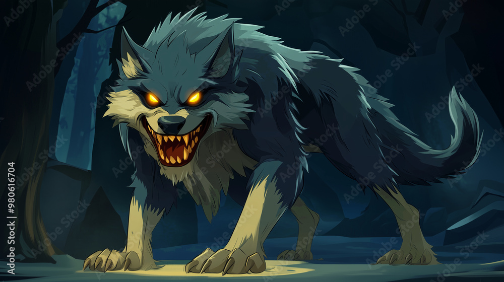 The classic fable Big bad wolf, The wolf stands upright in dark , The wicked wolf Stock ...