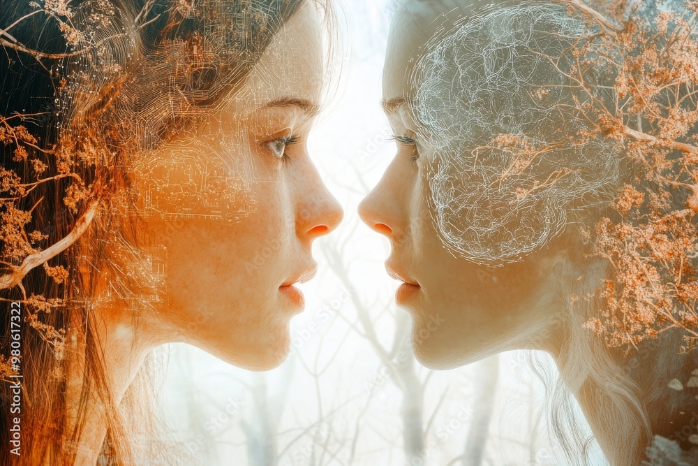 Two female profiles with organic neural structures and abstract orange ...
