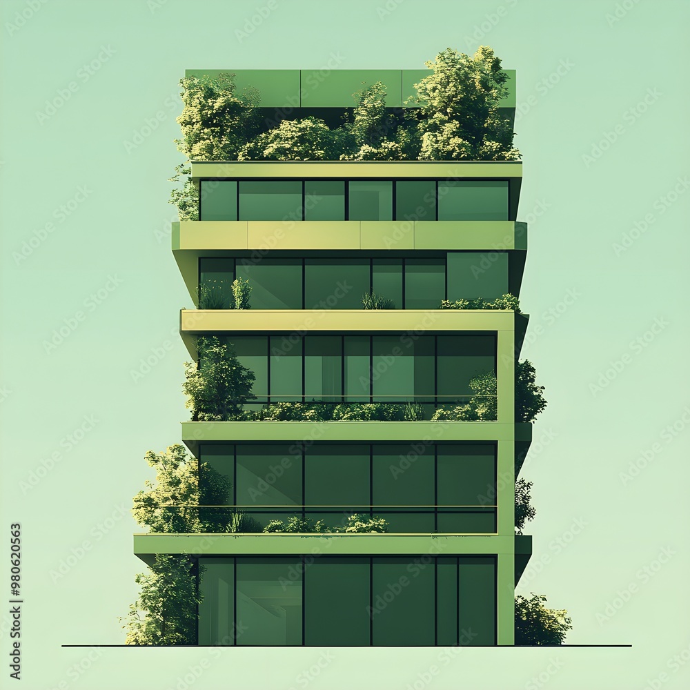 Green architecture design, flat design, front view, sustainable ...