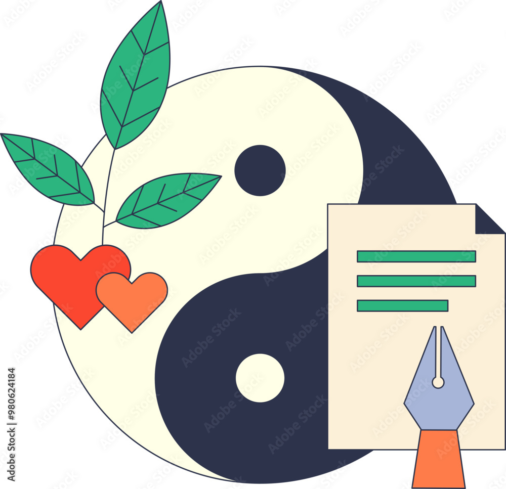 Yin Yang symbol with one side containing a pen and paper, and the other ...