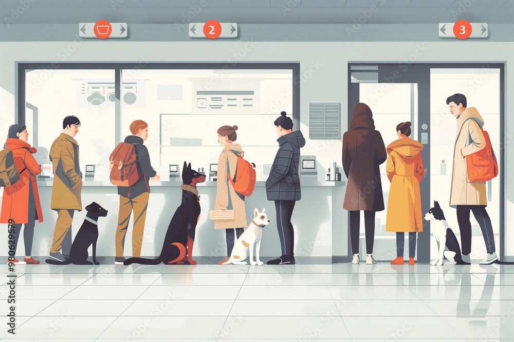 A line of pet owners stands with their dogs and cats inside a sleek ...