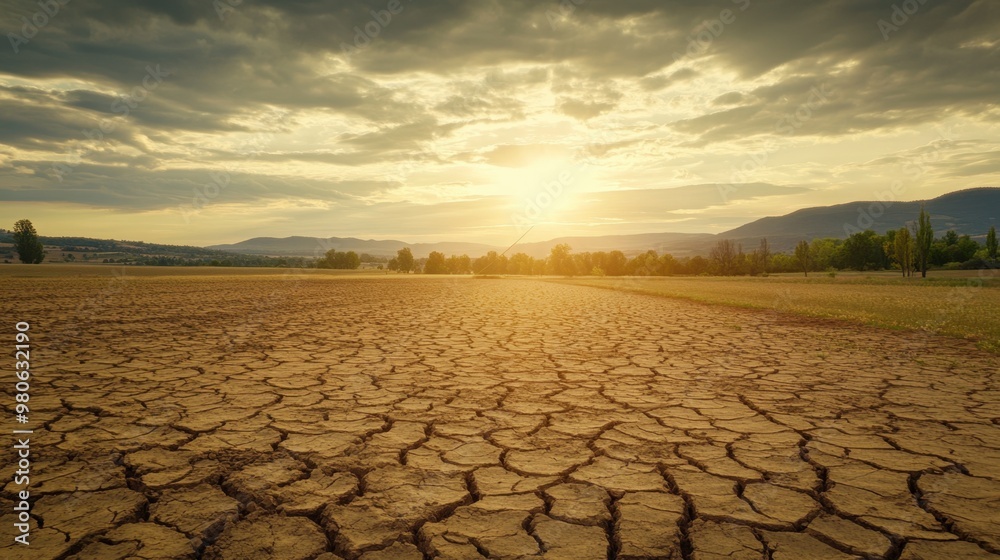 A barren, drought-ravaged landscape where once-lush fields are now dry ...