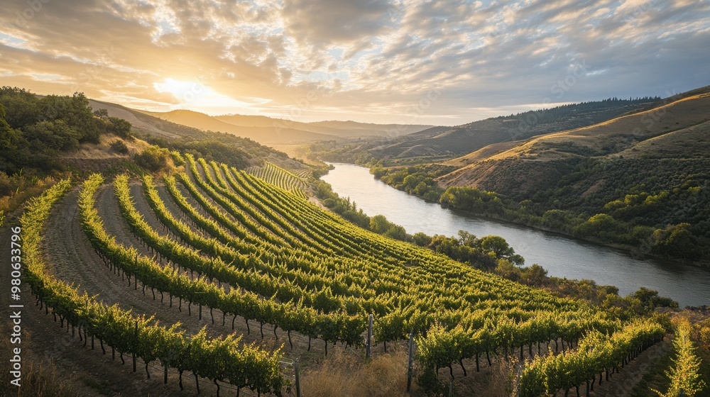 A river winding through a valley of vineyards, with rows of grapevines ...