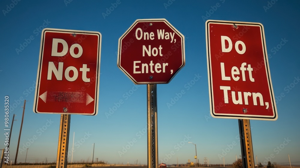 A series of road signs including "One Way," "Do Not Enter," and "No ...