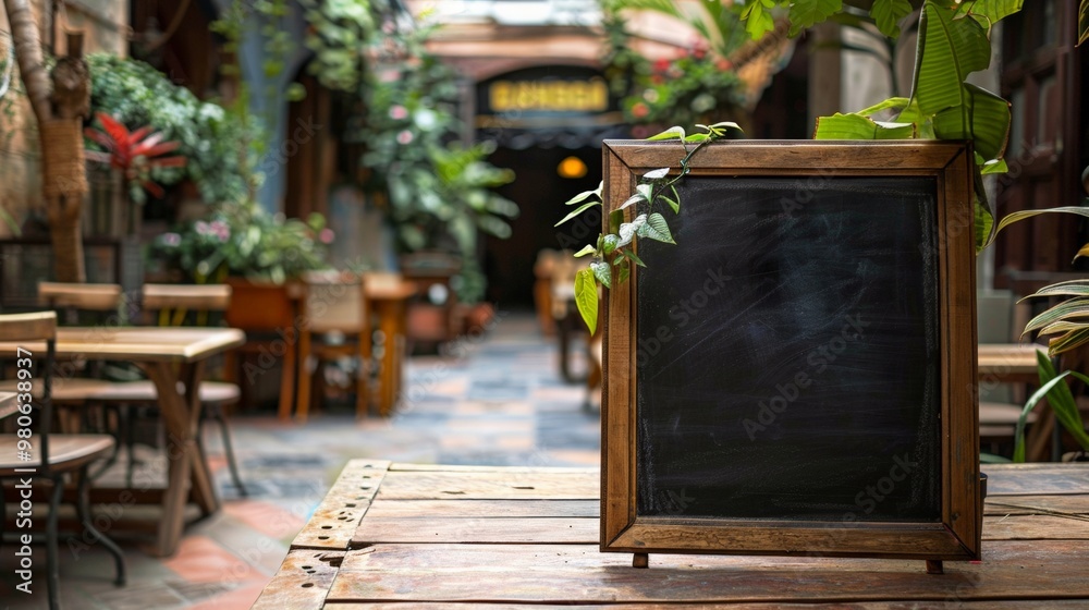 black slate Menu frame standing in Bar restaurant cafe. Empty billboard ...
