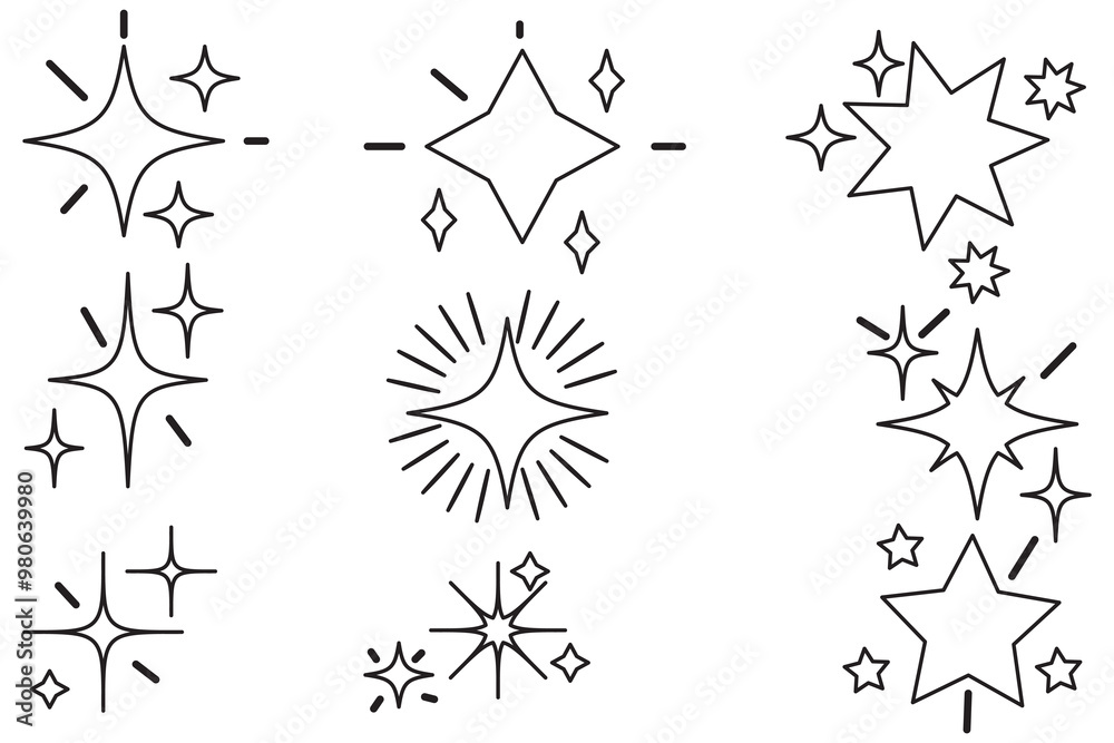 Hand drawn gold star sparkle shine of doodle set. Yellow star shine ...